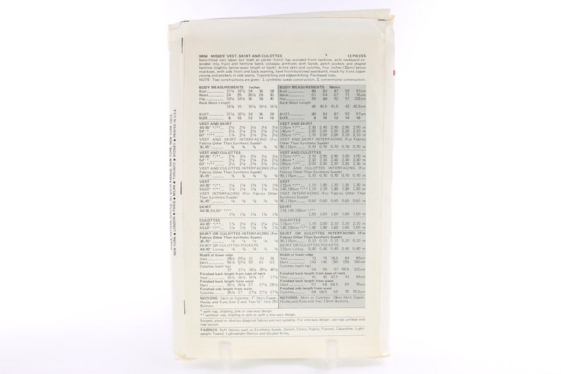 Sewing Pattern for Misses' Vest, Skirt and Culottes, Vogue Pattern 9856 ...