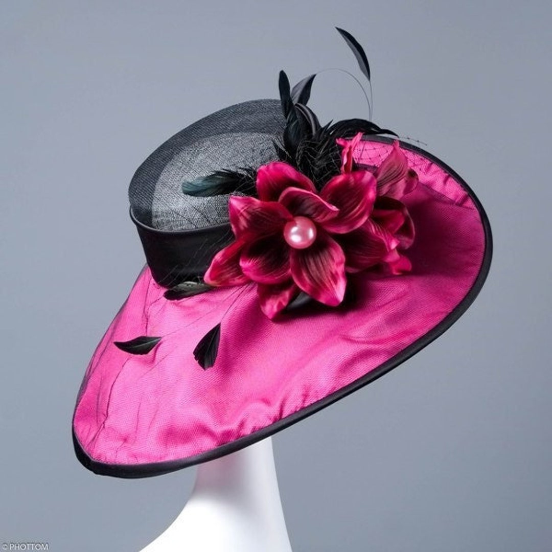 Magenta and Black Formal Hat, Romantic Hat With Flowers and Feathers ...