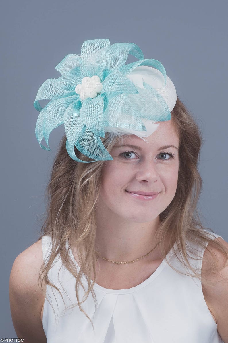 Romantic White and Aqua Fascinator With Feathers, Brides Headpiece ...