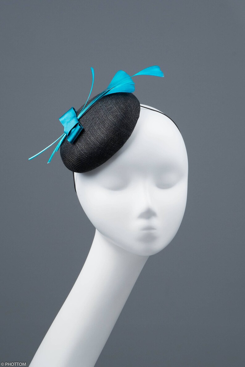Tracy, Black and Turquoise Blue Cocktail Fascinator With Satin Bow and ...