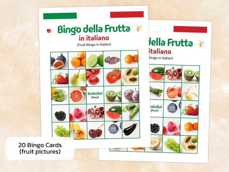 Italian Fruit Bingo: 20 Printable Cards | Vocabulary Game for Kids ...