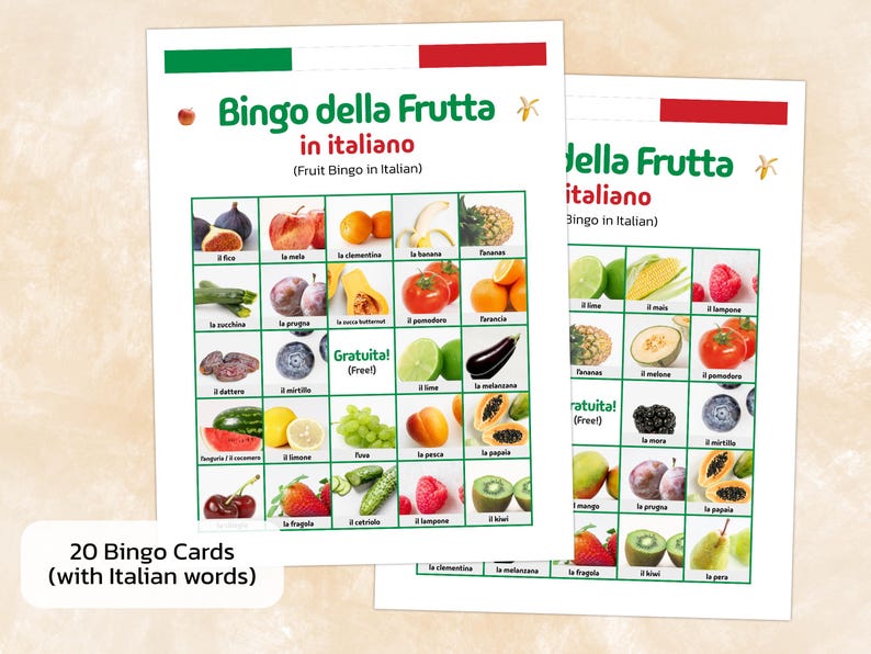 Italian Fruit Bingo: 20 Printable Cards | Vocabulary Game for Kids ...