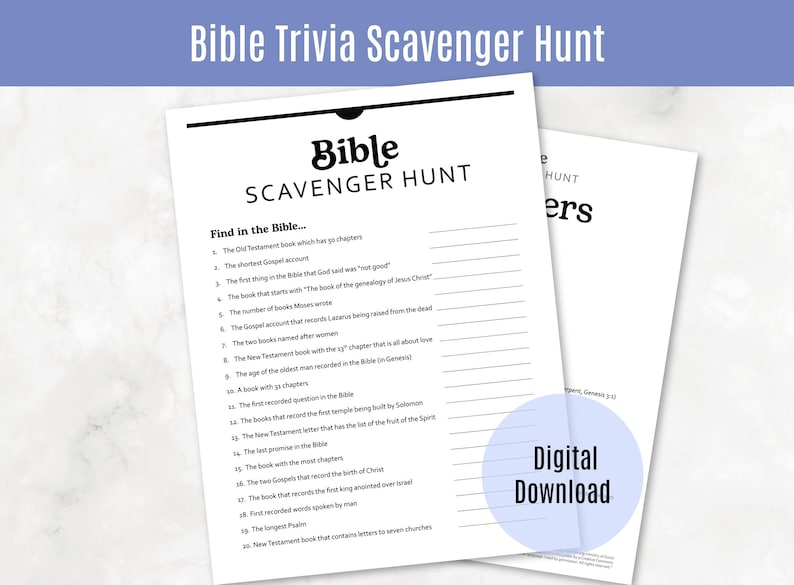 Bible Scavenger Hunt: Printable Trivia Game for Teens and Adults (PDF ...