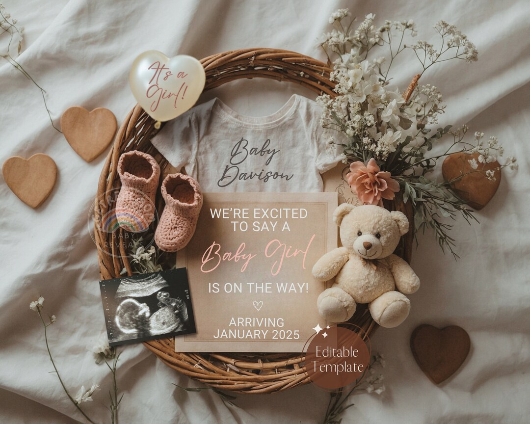 Simple Girl Pregnancy Announcement, Digital Boho Baby Girl Announcement ...