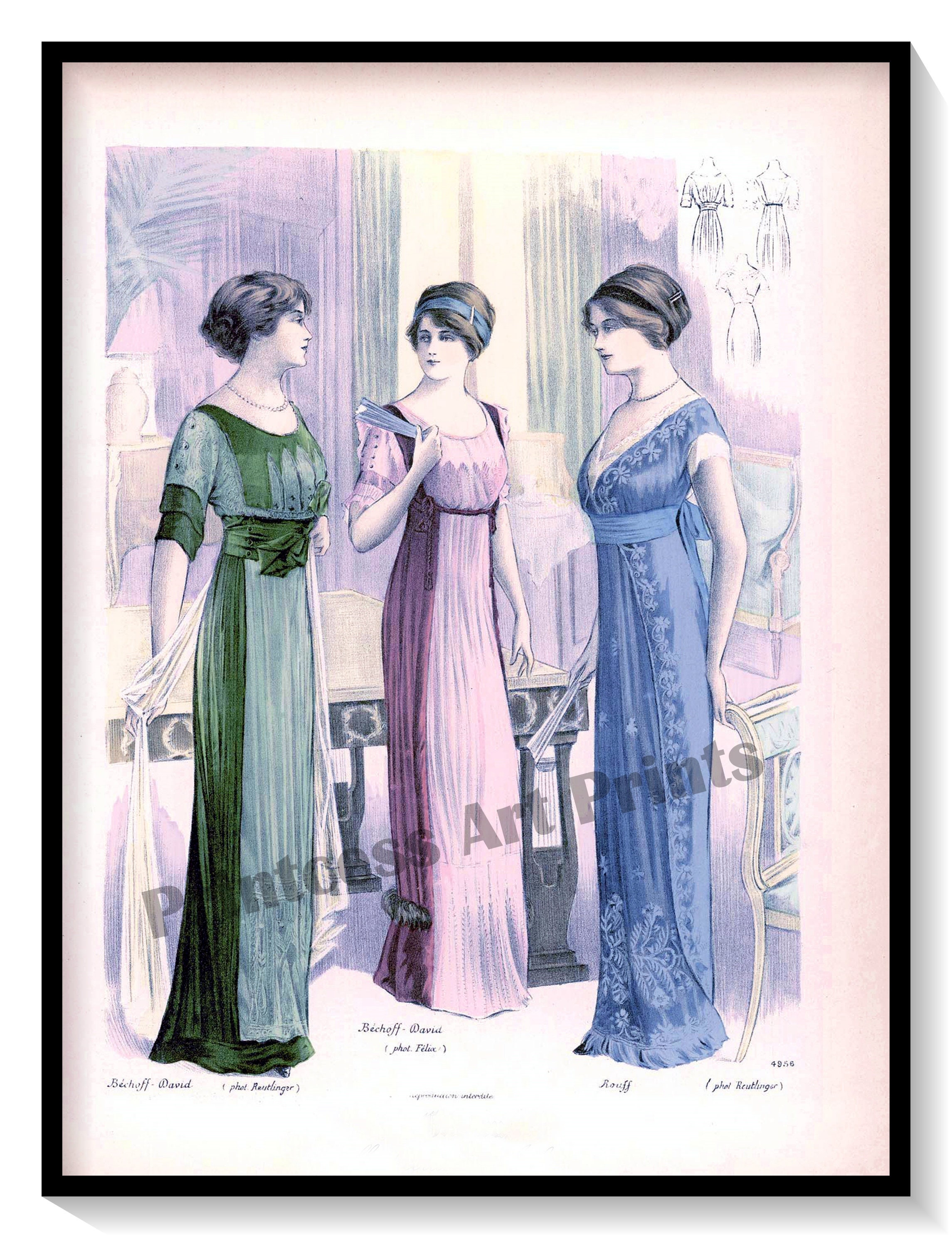 Edwardian Fashion Illustrations Set of 3 Art Prints Ladies Costumes ...