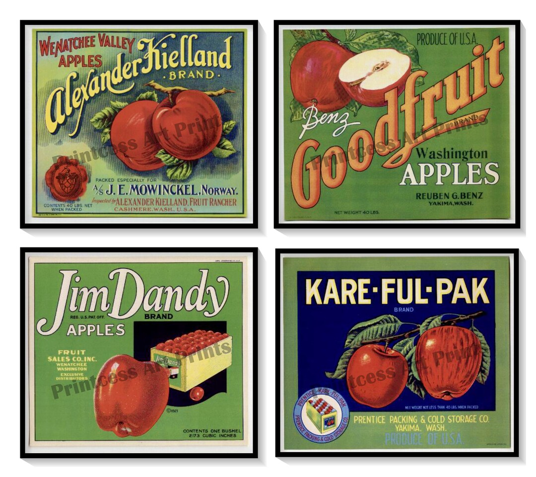 Vintage Fruit Crate Apple Labels Set of 4 Art Prints - Etsy