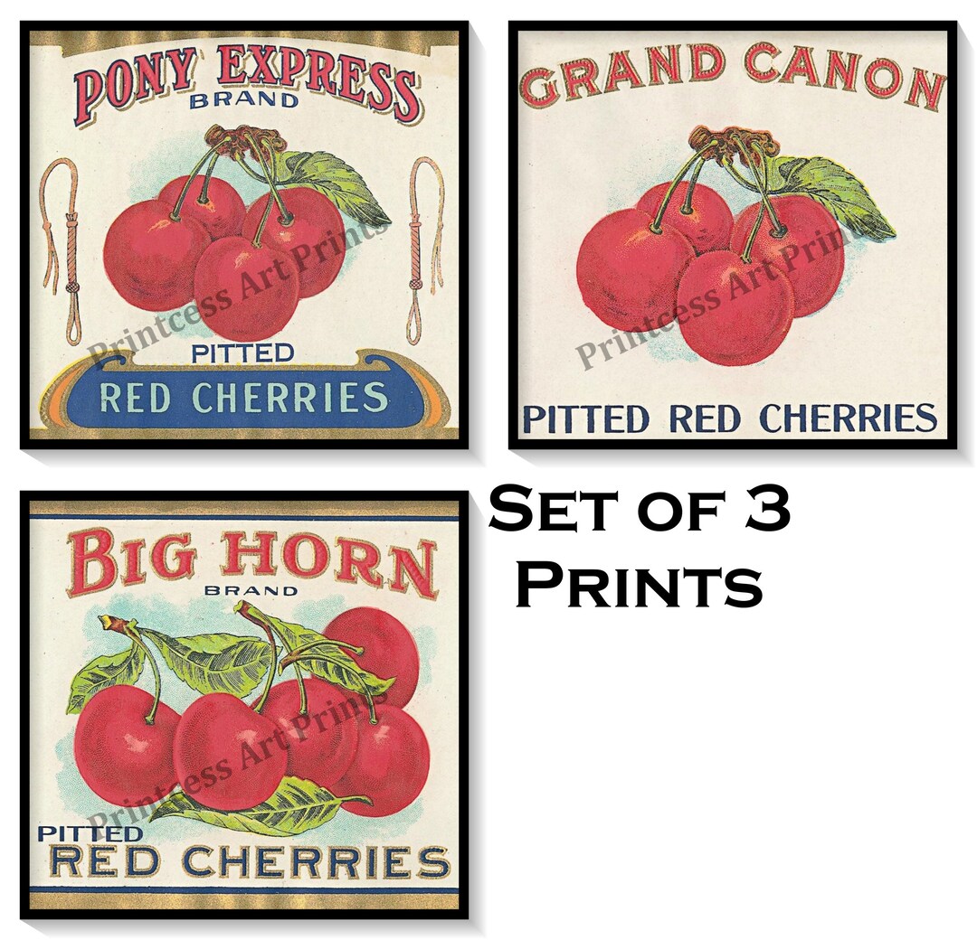 Vintage Fruit Can Crate Labels Set of 3 Art Prints Cherries Red Cherry ...