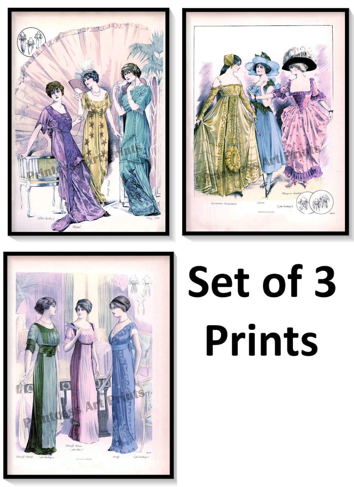 Edwardian Fashion Illustrations Set of 3 Art Prints Ladies Costumes ...