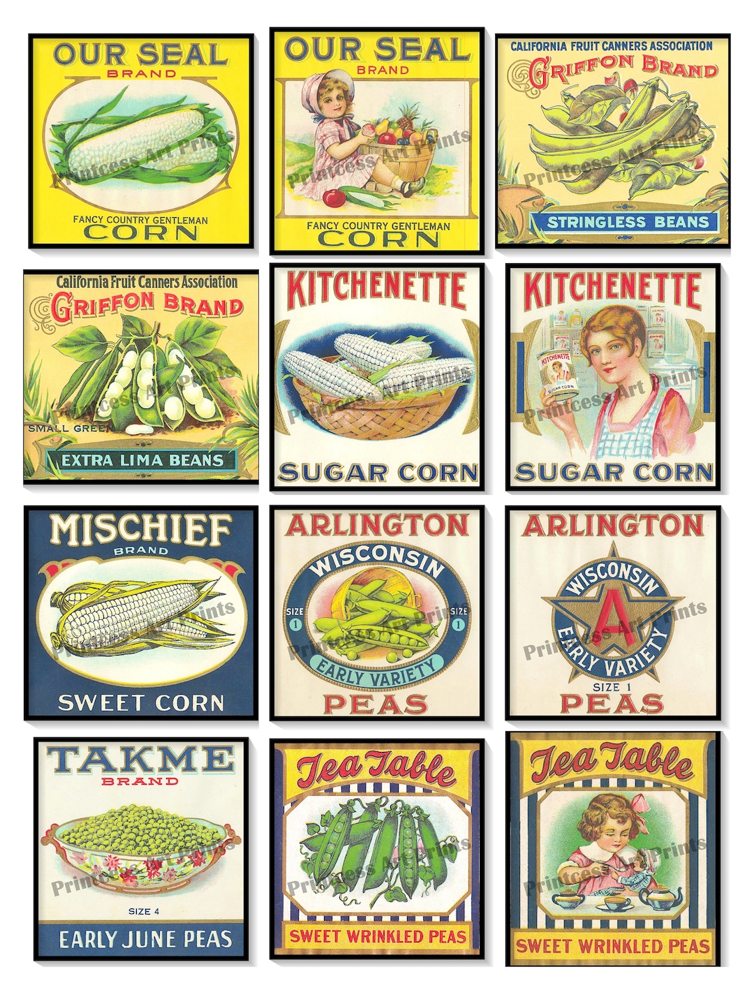 Set of 12 Prints Vintage Vegetable Can Crate Labels Peas Corn Beans - Etsy