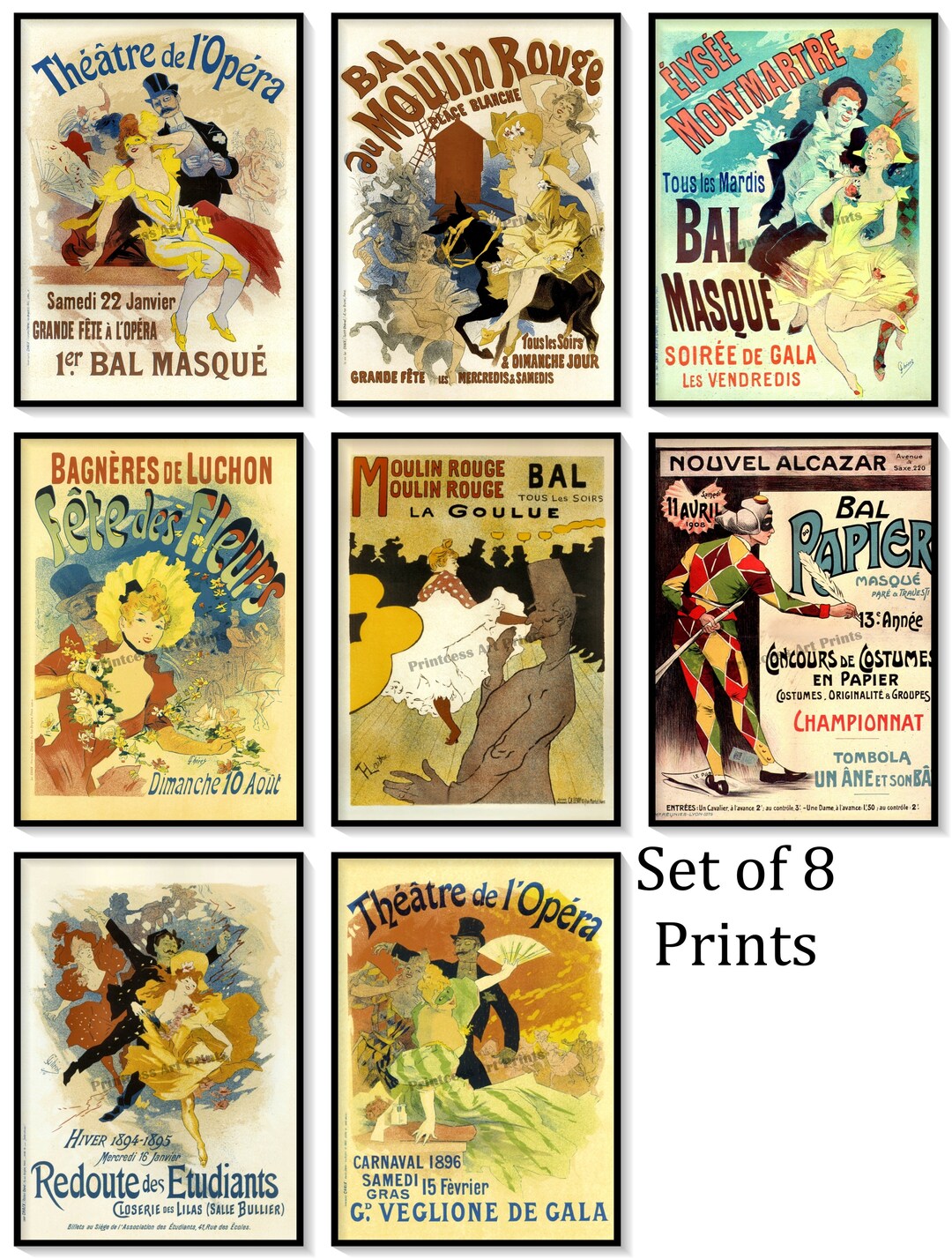 Burlesque Vintage French Poster Ads Set of 8 Art Prints Theatre Balls ...