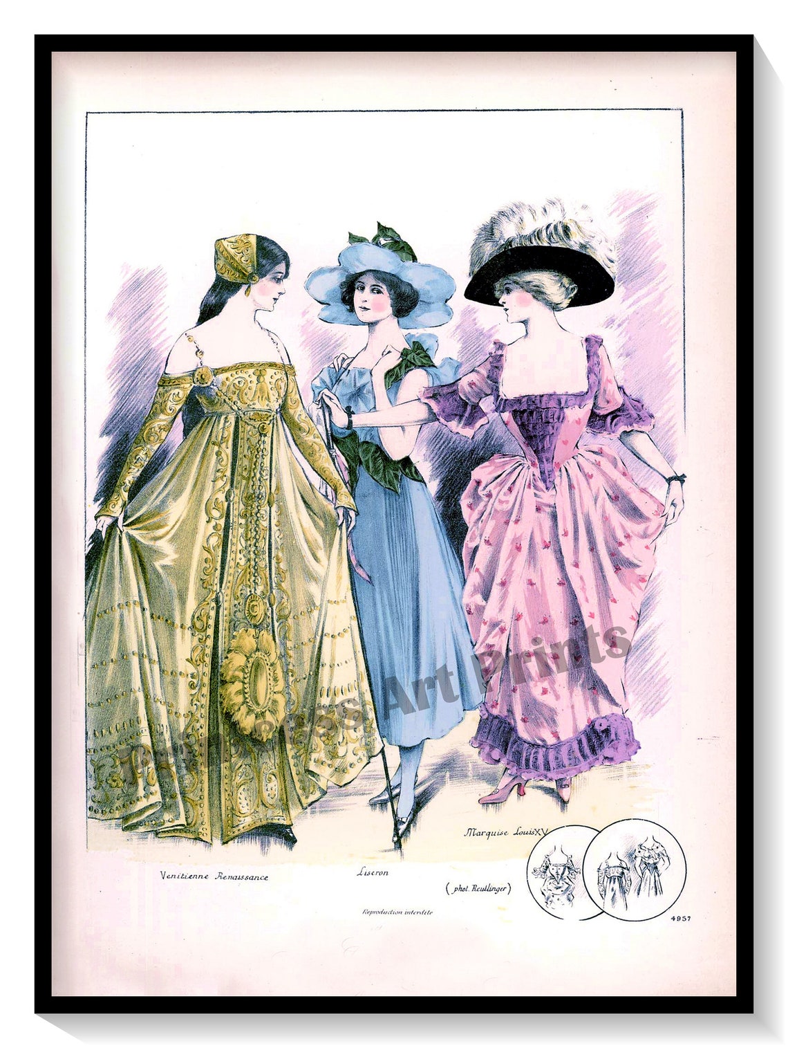 Edwardian Fashion Illustrations Set of 3 Art Prints Ladies Costumes ...