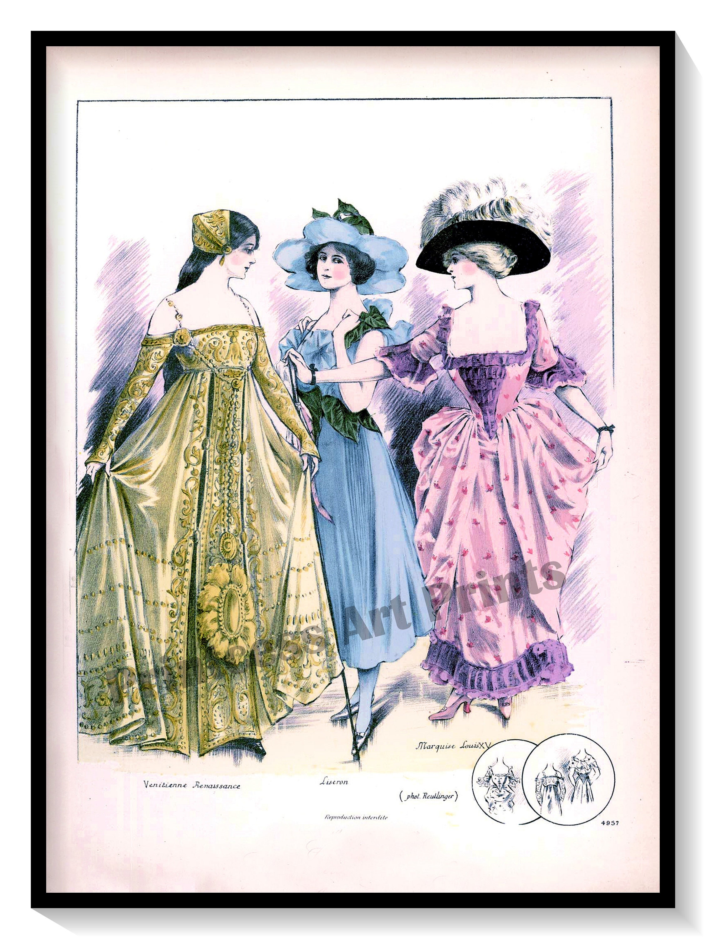 Edwardian Fashion Illustrations Set of 3 Art Prints Ladies Costumes ...