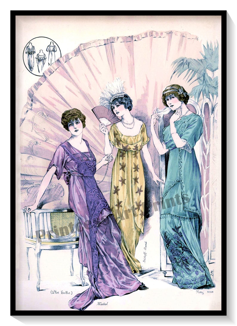 Edwardian Fashion Illustrations Set of 3 Art Prints Ladies Costumes ...