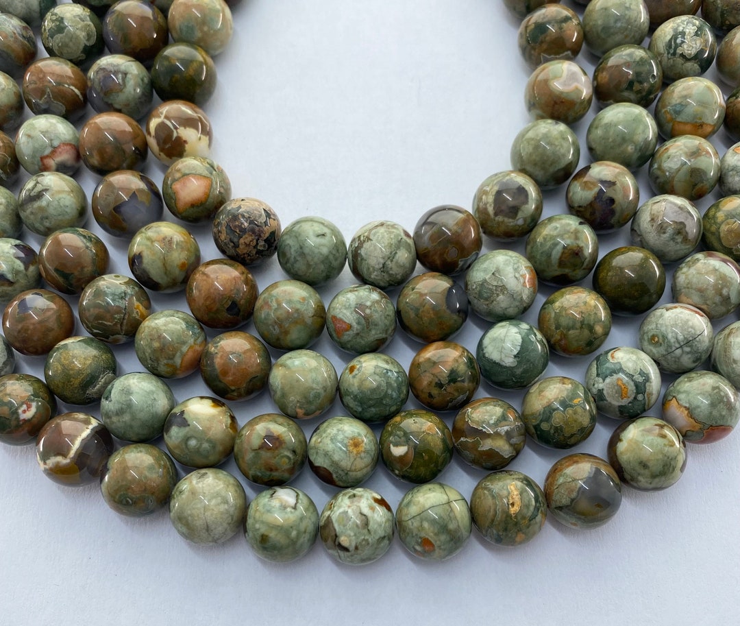 Green Rhyolite Gemstone Beads. 12mm Round Beads on 15 Inch Strand. Full ...