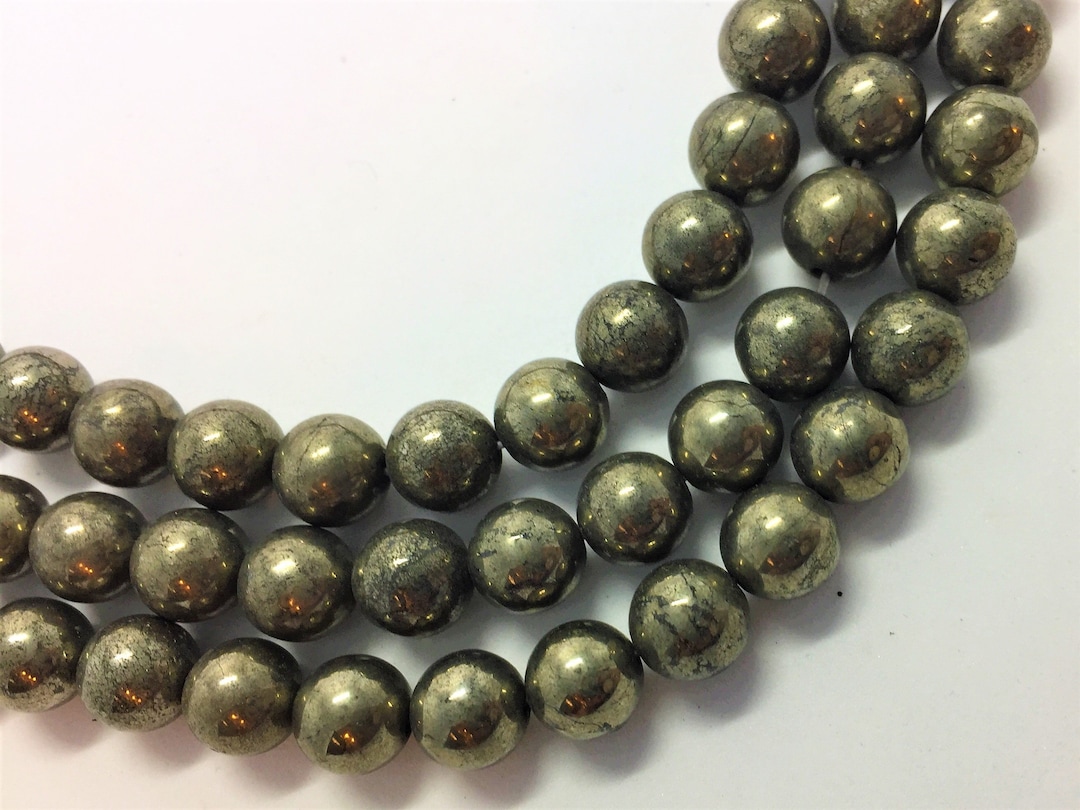 8mm Pyrite Gemstone Beads. 15" Strand of Round Beads, Roughly 50 Beads ...