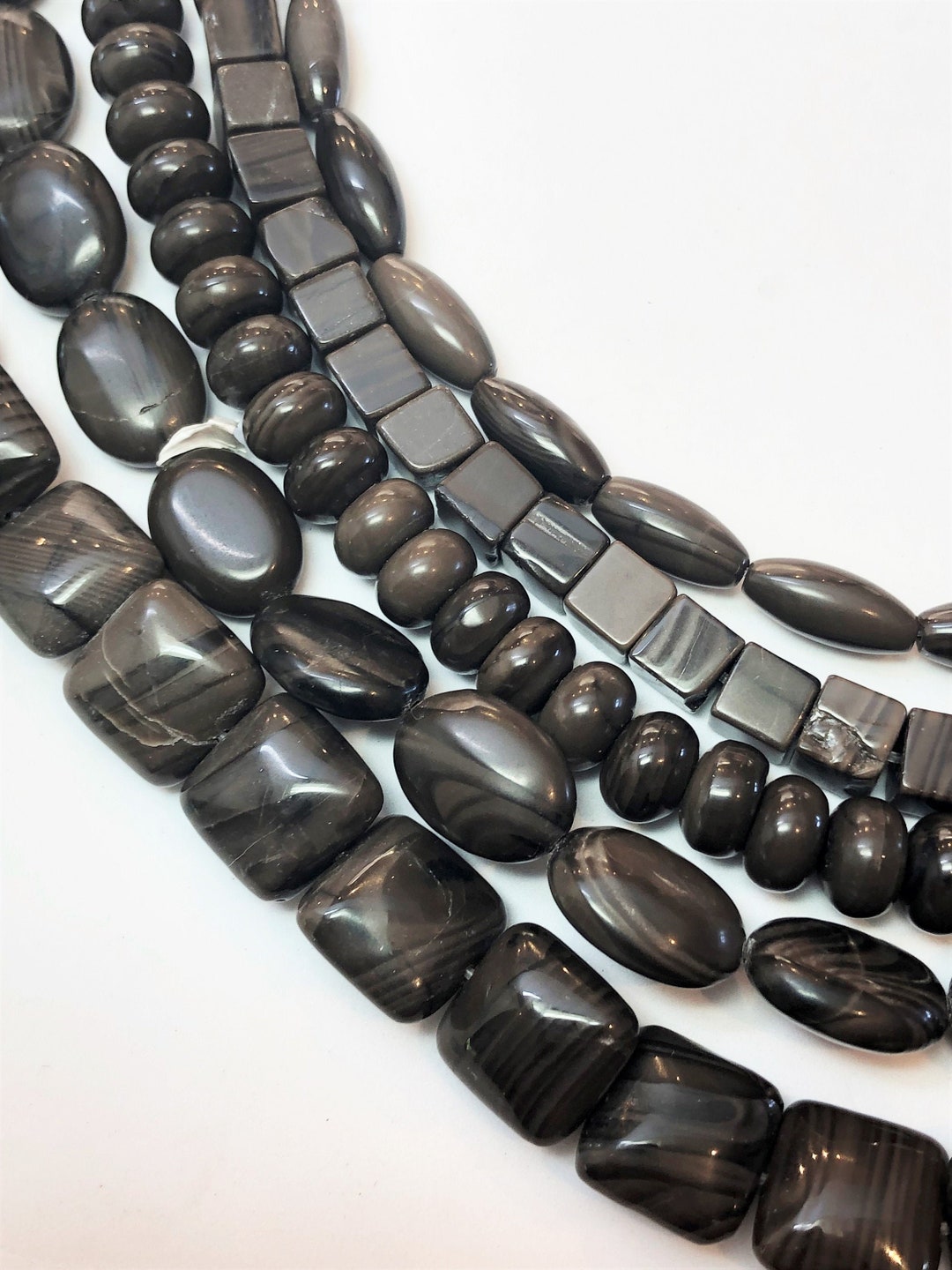 Antique Black Jasper Gemstone Beads. Full 15" Strand of Black and Brown ...