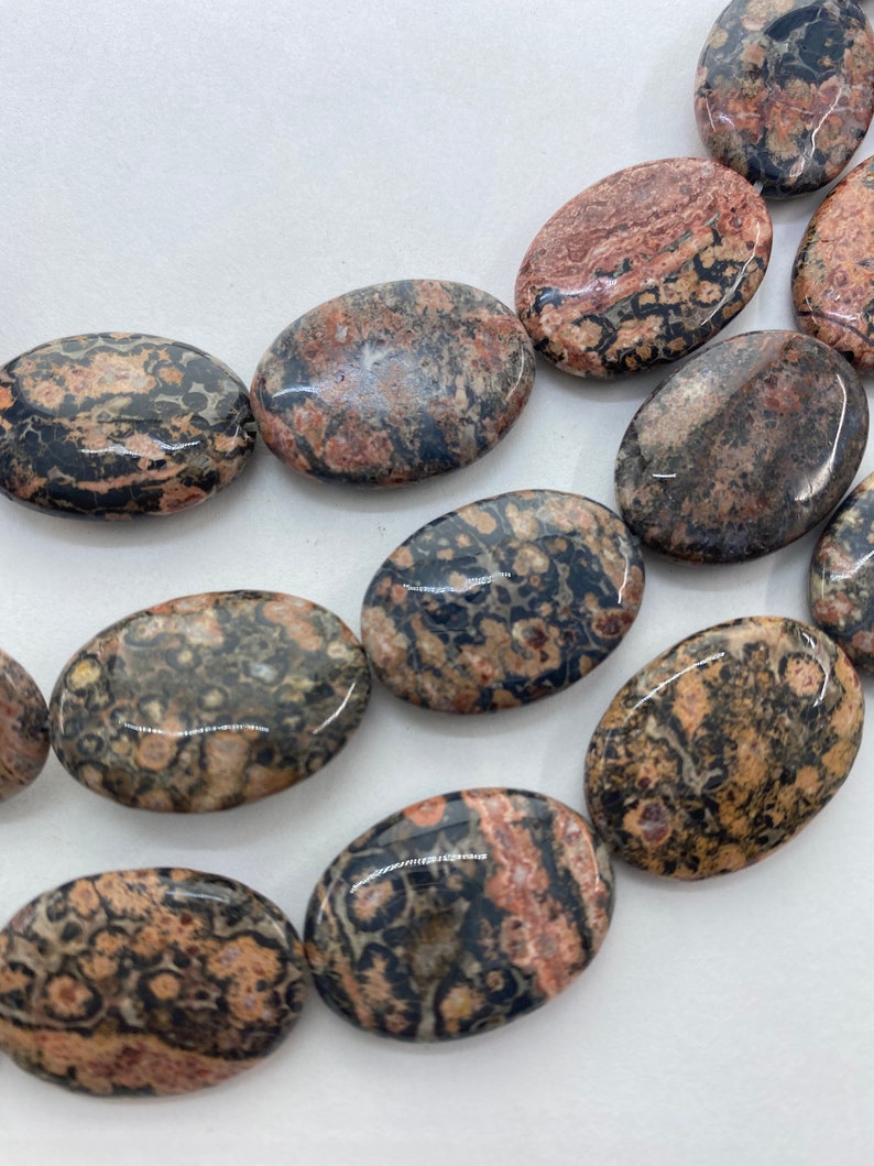 18x25mm Flat Oval Leopard Skin Jasper Gemstone Beads. 15” Strand of ...