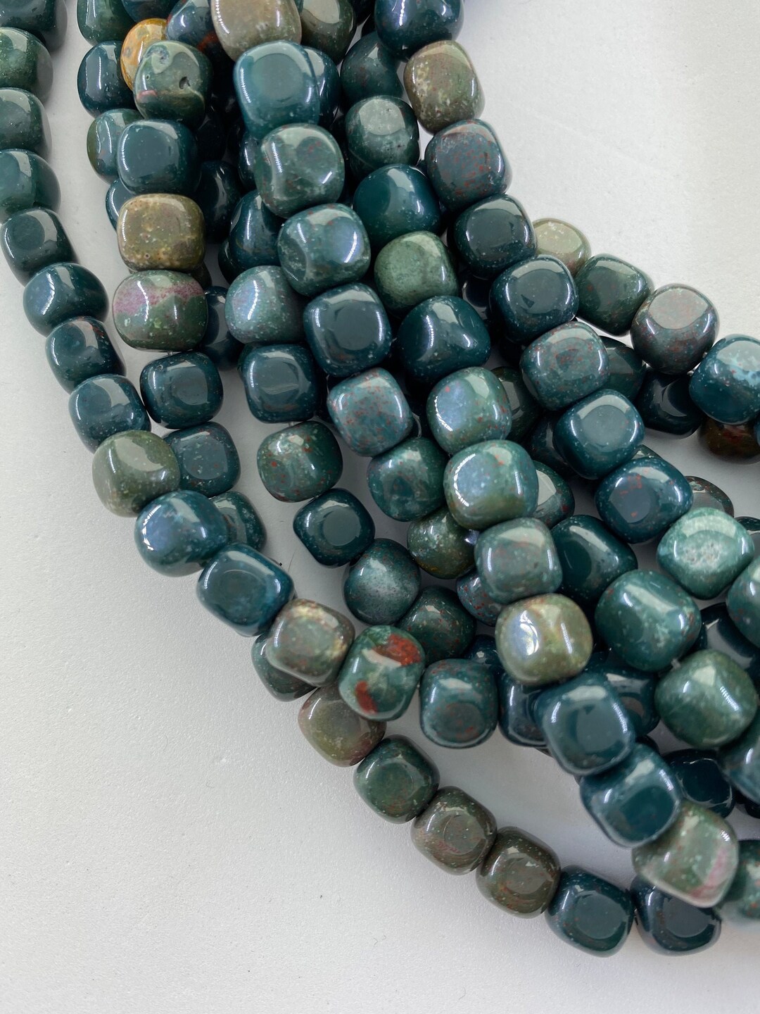 7mm Cube Bloodstone Beads With Rounded Edges. 15” Strand of Deep Bluish ...