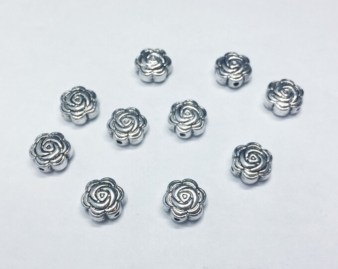 Antique Silver Rose Spacer Bead. Package of 10. 8mm Base Metal Flat ...