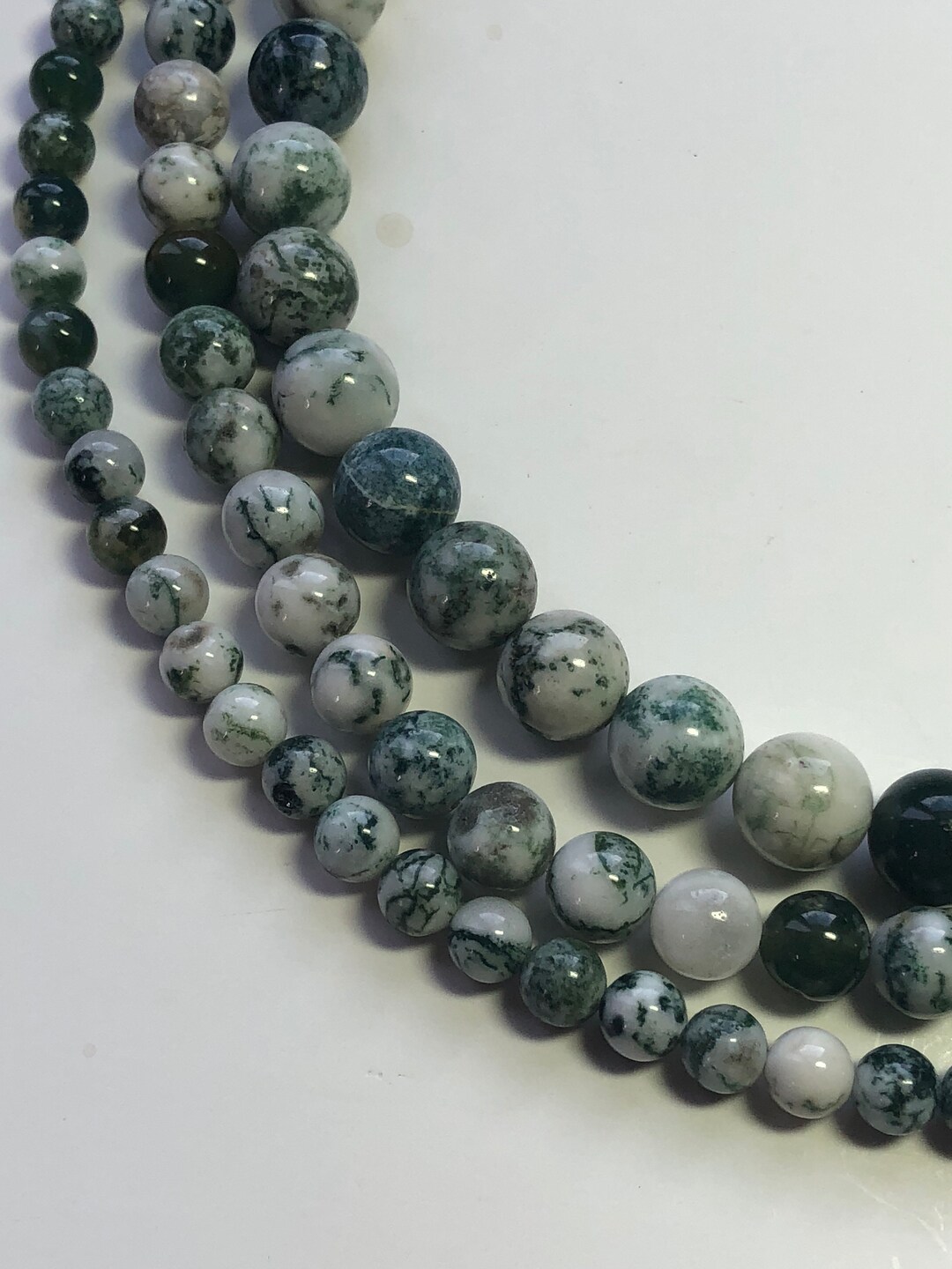 Green and White Tree Agate Gemstone Beads. Full 15" Strand of Round ...