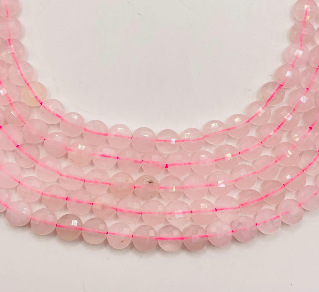 6mm Faceted Coin Rose Quartz Gemstone Beads. 15” Strand of Transparent ...