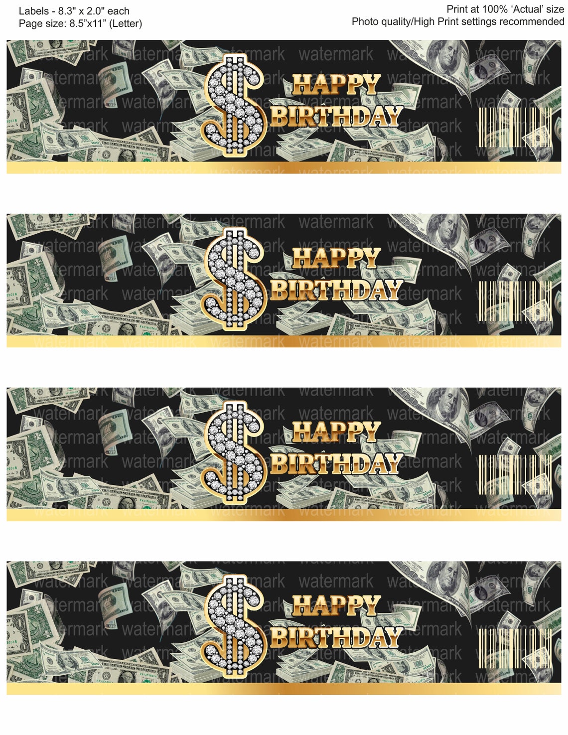 Money Themed Water Bottle Labels, Black Gold Printable Water Label ...