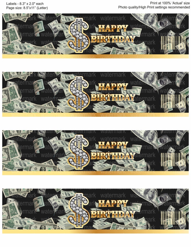 Money Themed Water Bottle Labels Black Gold Printable Water - Etsy