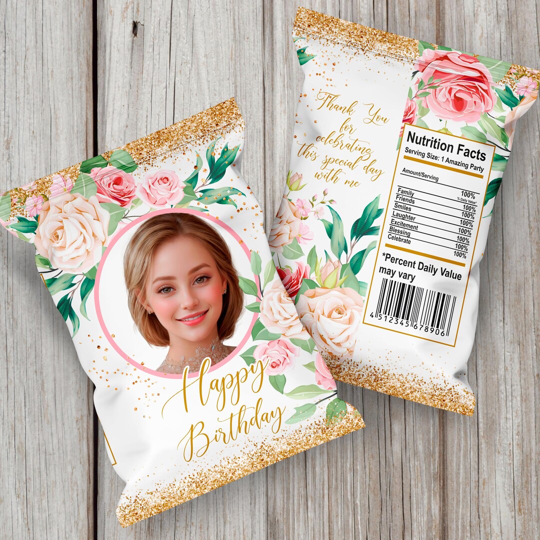Personalized Photo Birthday Chip Bag Wrapper: Pink Roses, Gold Glitter ...