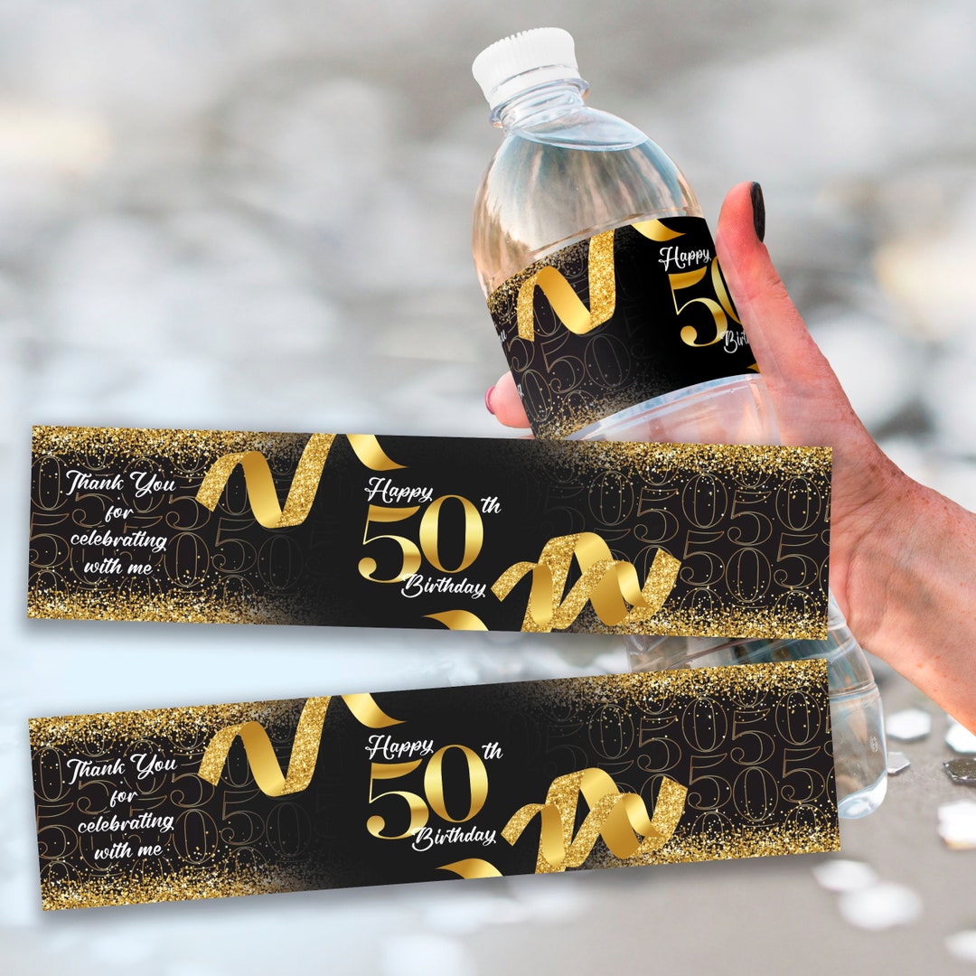 Personalized 50th Birthday Water Bottle Labels: Gold Glitter Ribbons ...