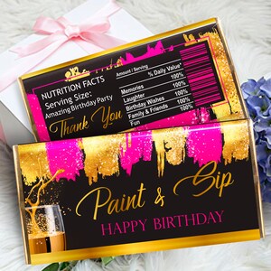 Paint and Sip Birthday Candy Bar Wrapper, Black, Gold and Pink Candy ...