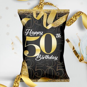 50th Birthday Gold Glitter Ribbons Black Chip Bag Wrapper, Birthday ...