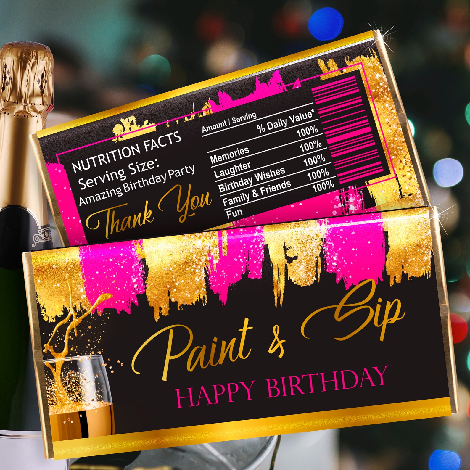 Paint and Sip Birthday Candy Bar Wrapper, Black, Gold and Pink Candy ...