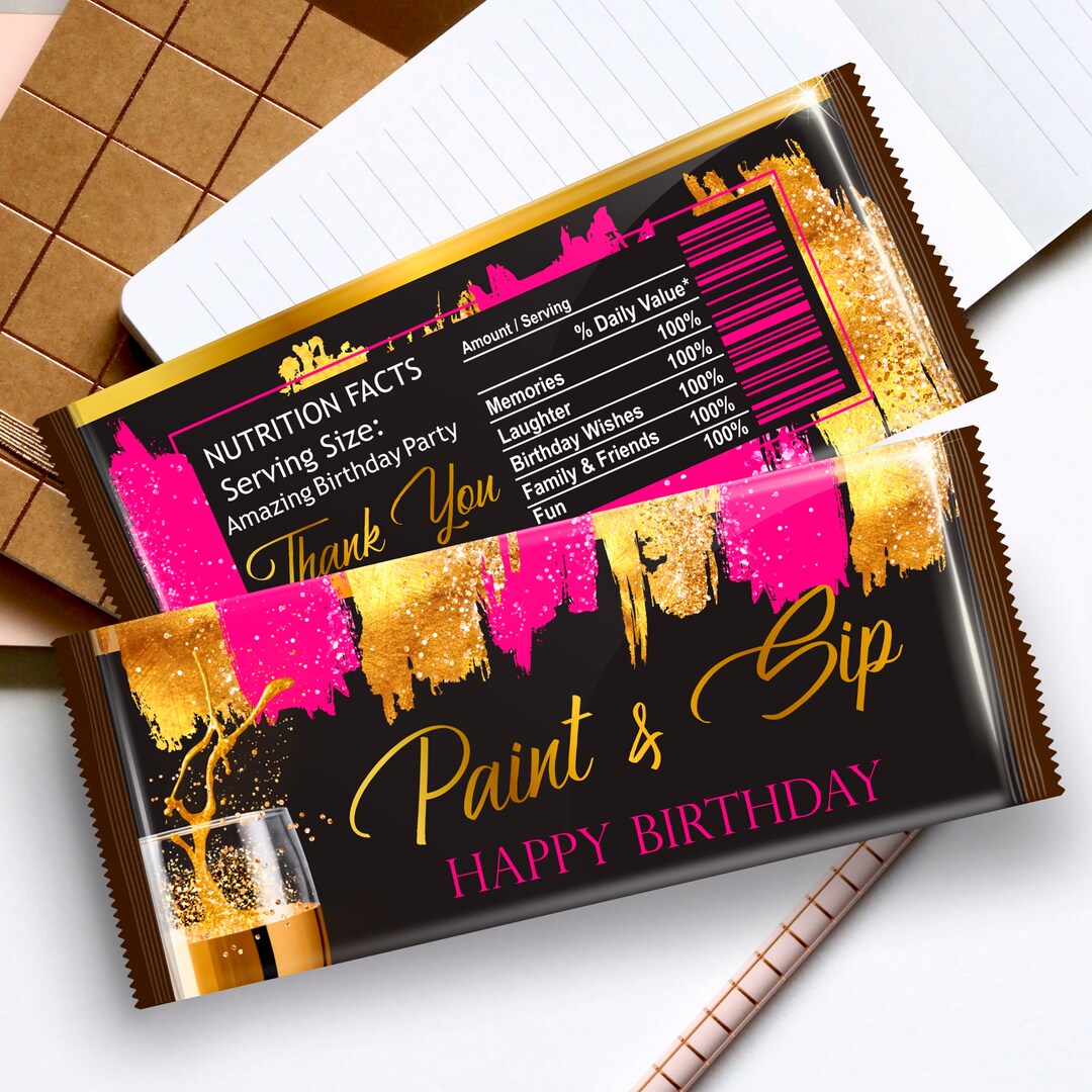 Paint and Sip Birthday Candy Bar Wrapper, Black, Gold and Pink Candy ...