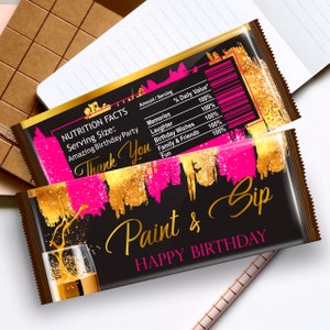 Paint and Sip Birthday Candy Bar Wrapper, Black, Gold and Pink Candy ...