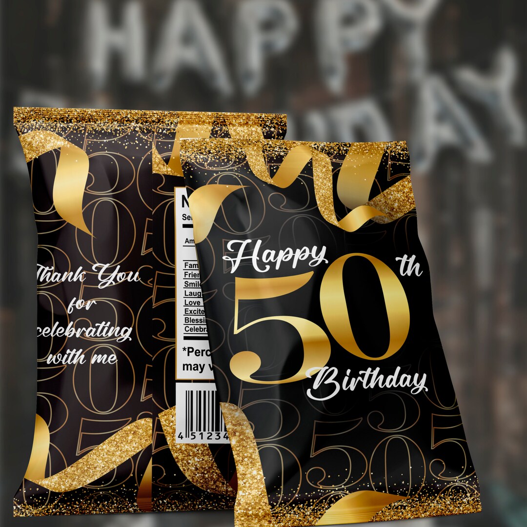 50th Birthday Gold Glitter Ribbons Black Chip Bag Wrapper, Birthday ...