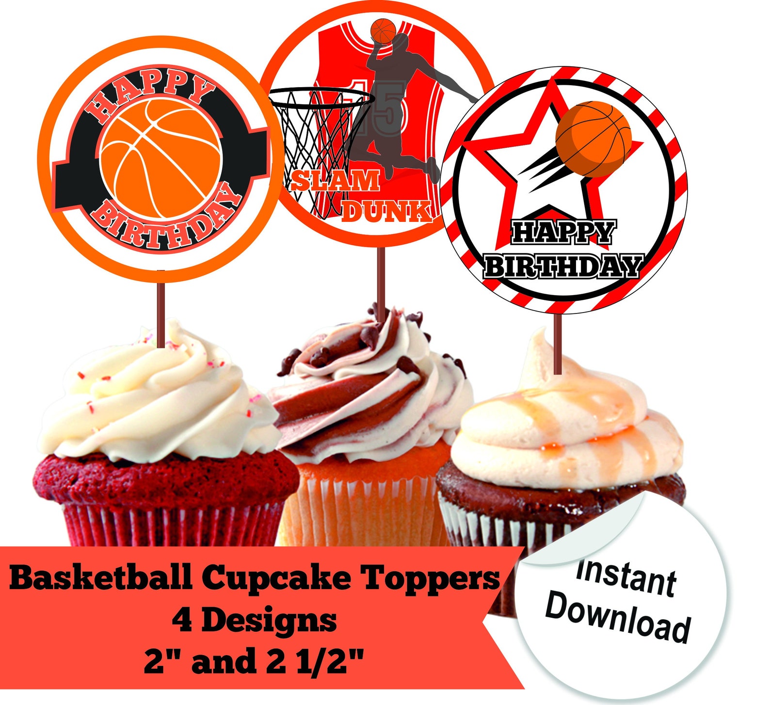Basketball Cupcake Toppers Basketball Toppers 2 INCH 25 Inch | Etsy