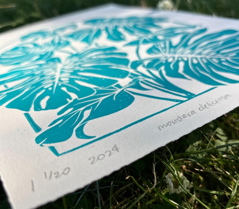 Teal Monstera Deliciosa Linocut Print Thyme & Space Design - Etsy
