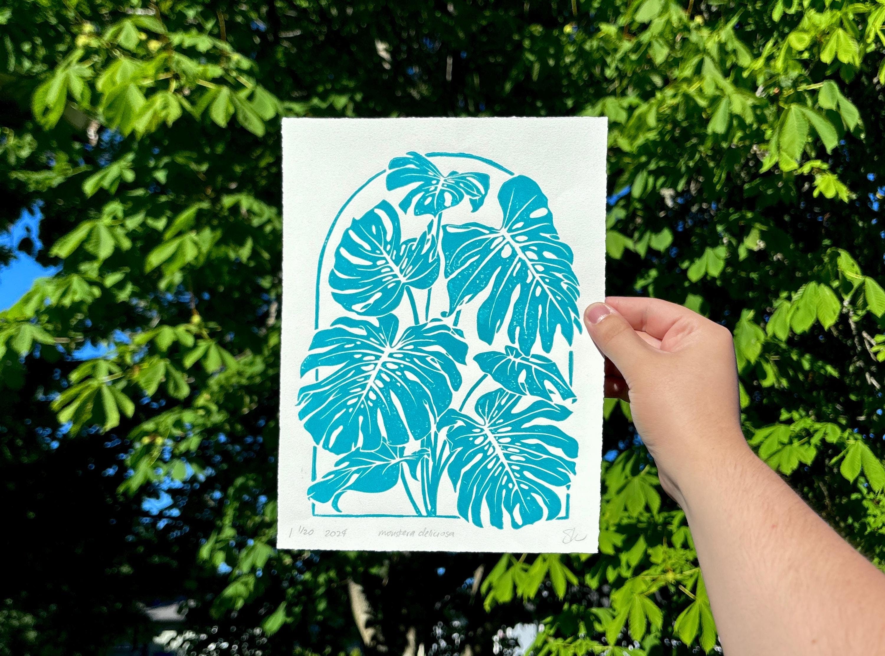 Teal Monstera Deliciosa Linocut Print Thyme & Space Design - Etsy
