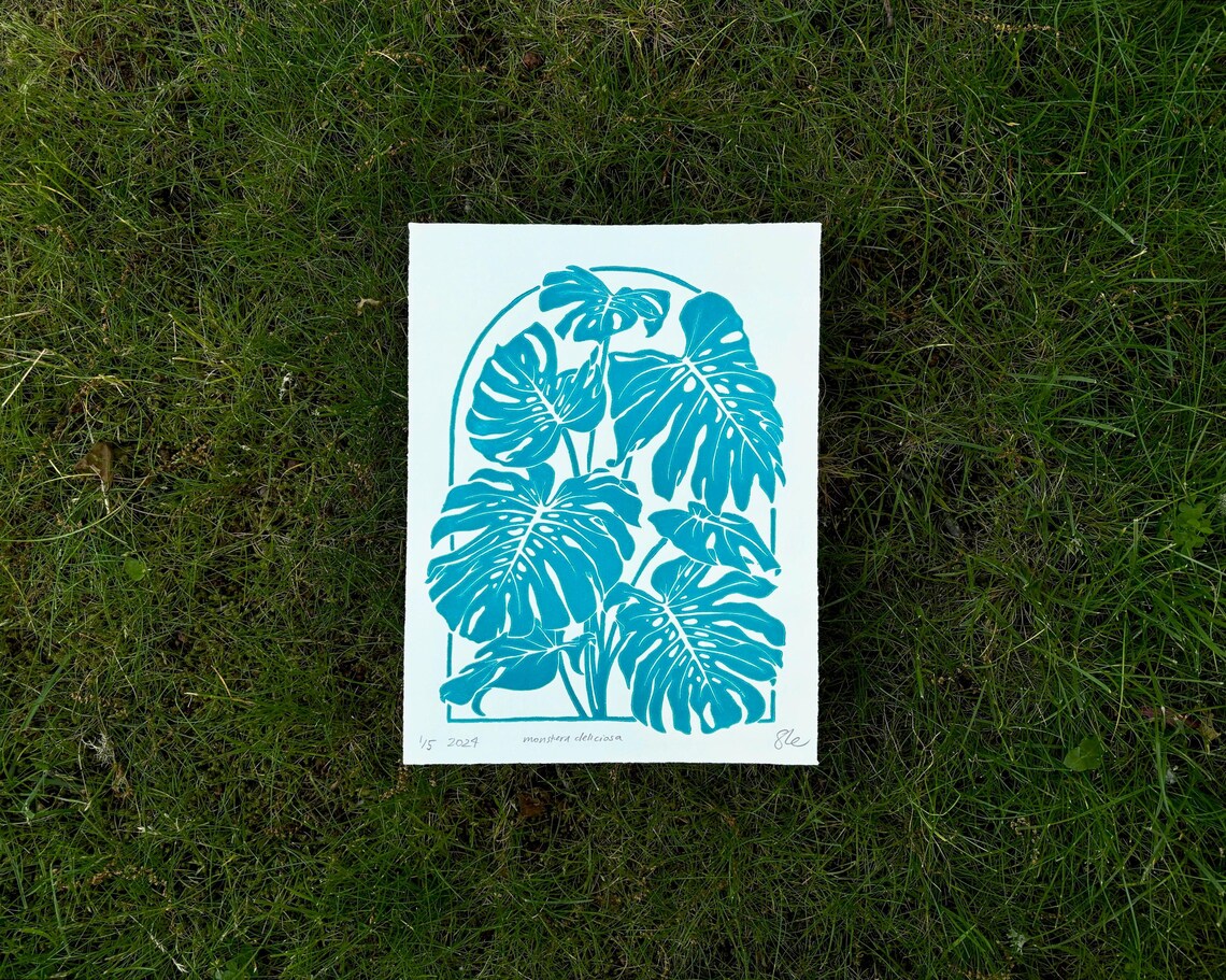 Teal Monstera Deliciosa Linocut Print Thyme & Space Design - Etsy