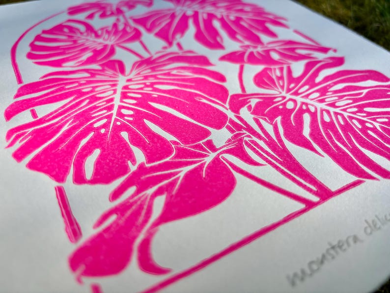 Pink Monstera Deliciosa Linocut Print Thyme & Space Design - Etsy