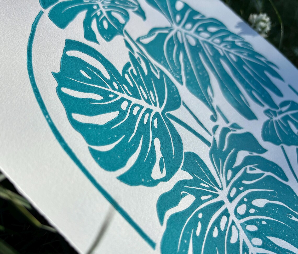 Teal Monstera Deliciosa Linocut Print Thyme & Space Design - Etsy