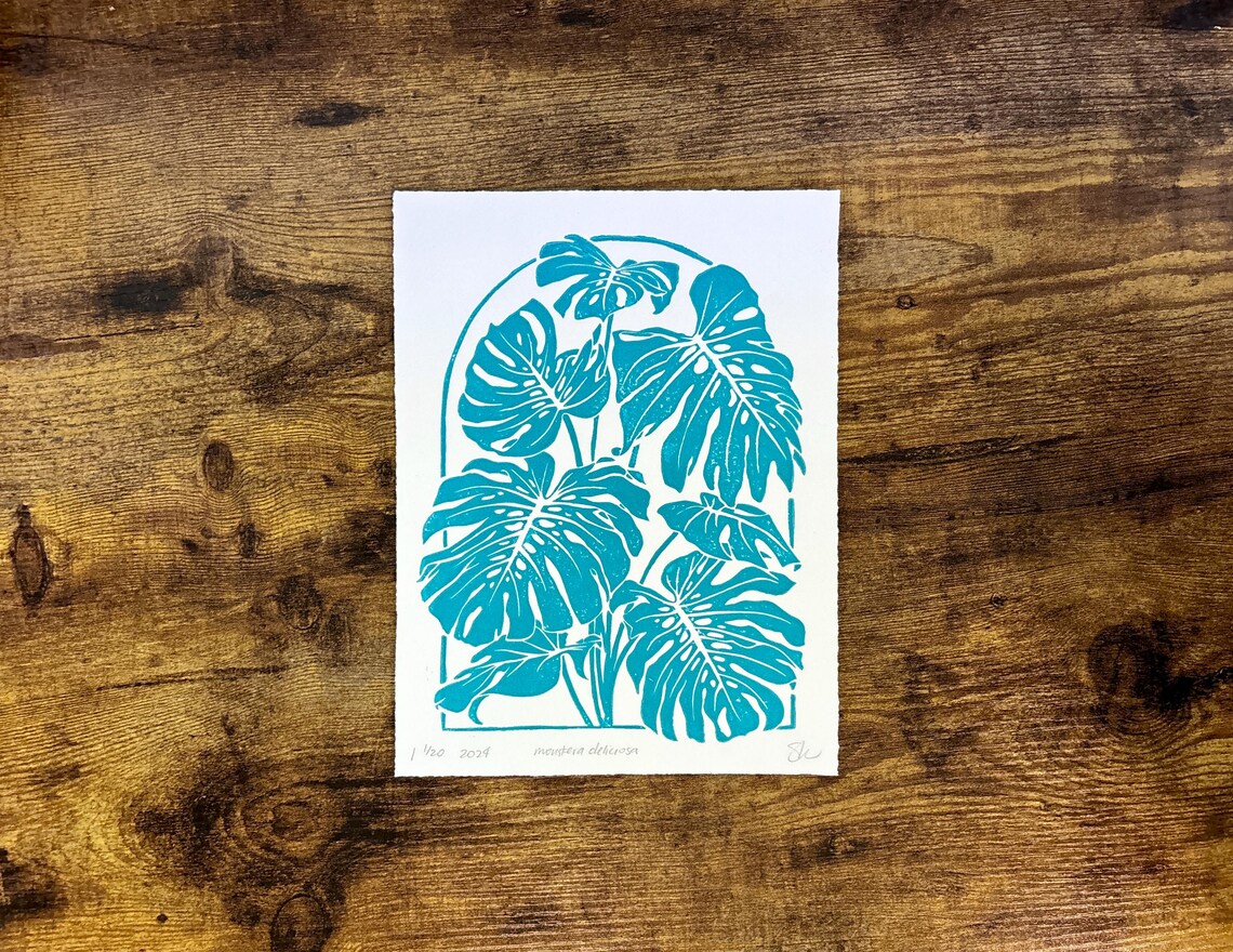 Teal Monstera Deliciosa Linocut Print Thyme & Space Design - Etsy