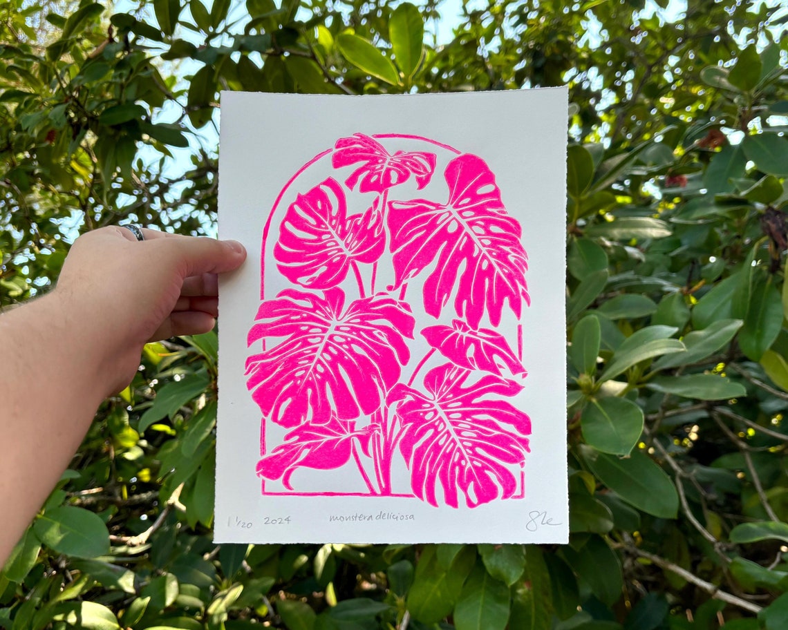 Pink Monstera Deliciosa Linocut Print Thyme & Space Design - Etsy