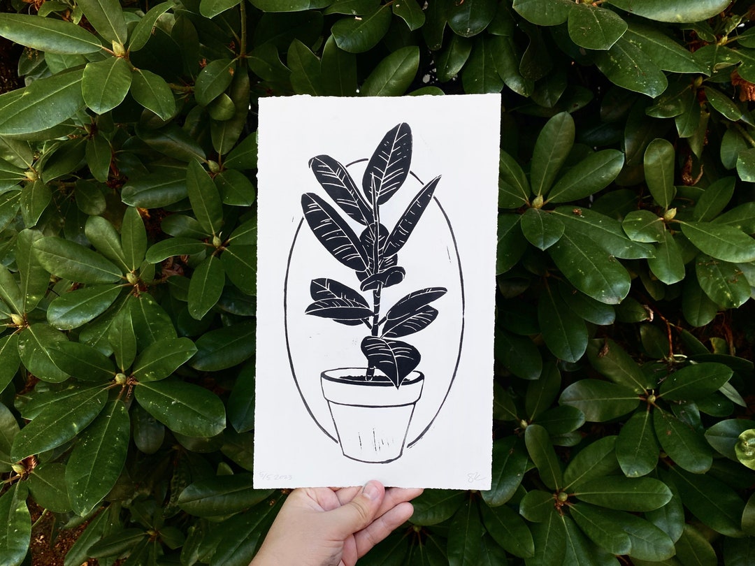 Rubber Plant Handmade Linocut Art Print Thyme & Space Design - Etsy