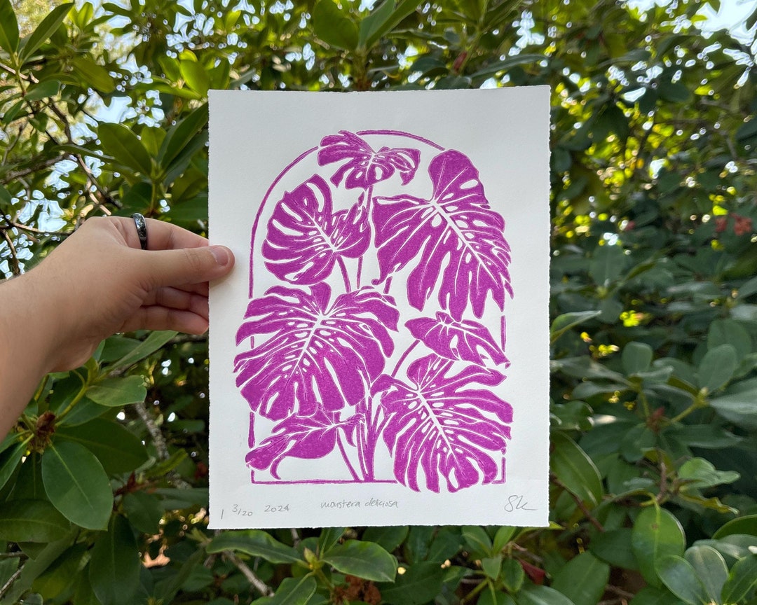 Purple Monstera Deliciosa Linocut Print Thyme & Space Design - Etsy