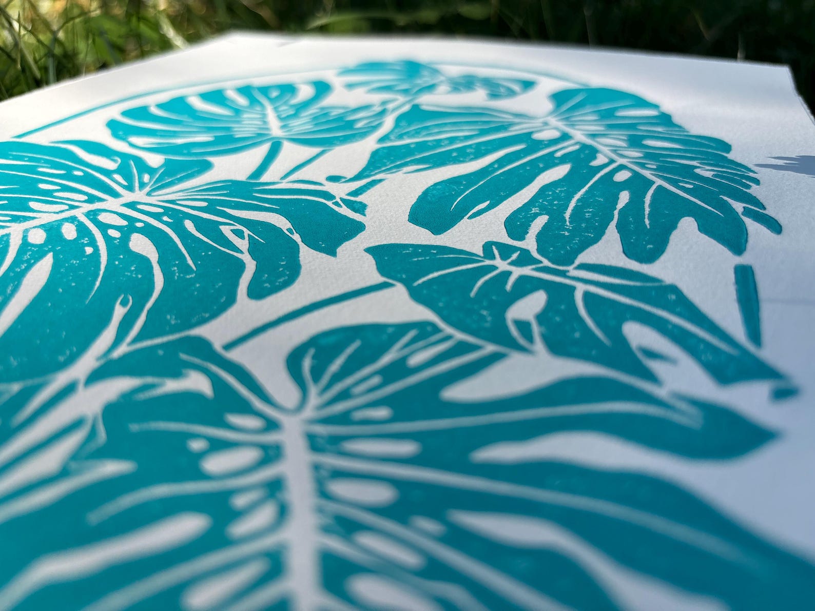 Teal Monstera Deliciosa Linocut Print Thyme & Space Design - Etsy
