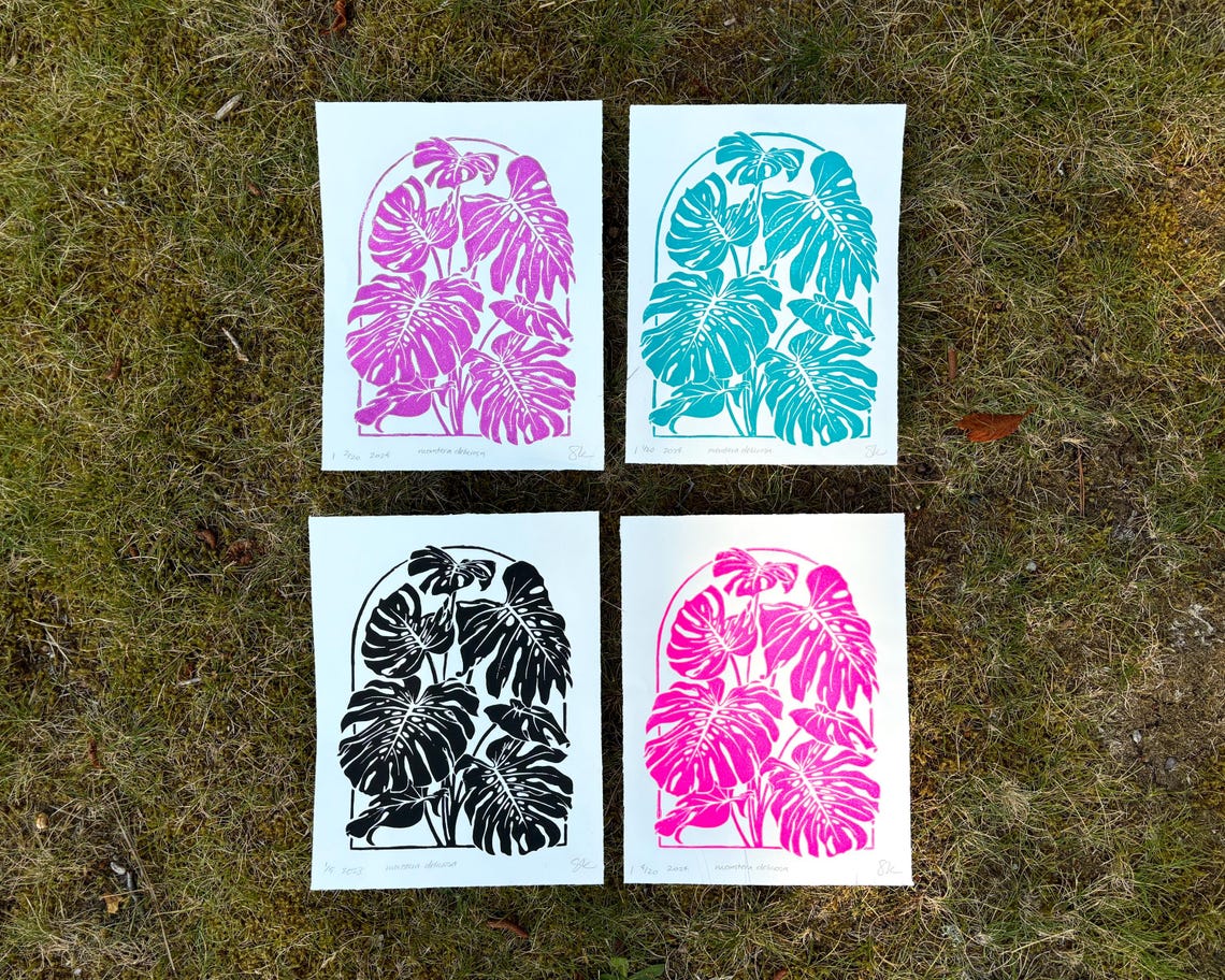 Monstera Deliciosa – Black | Original Handmade Linocut Art Print ...