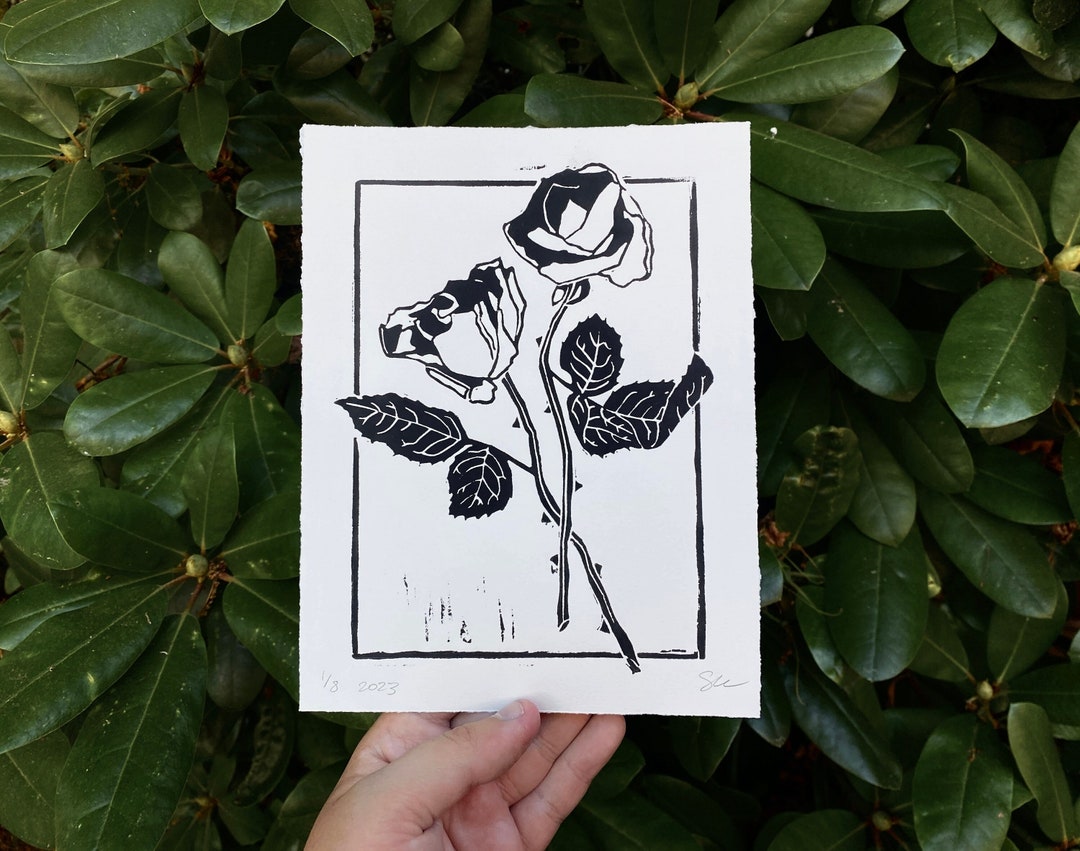 Dried Roses | Original Handmade Linocut Art Print | Thyme & Space ...