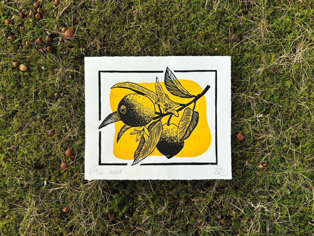 Yellow Lemons | Colorful Handmade Linocut Print | Thyme & Space Design ...