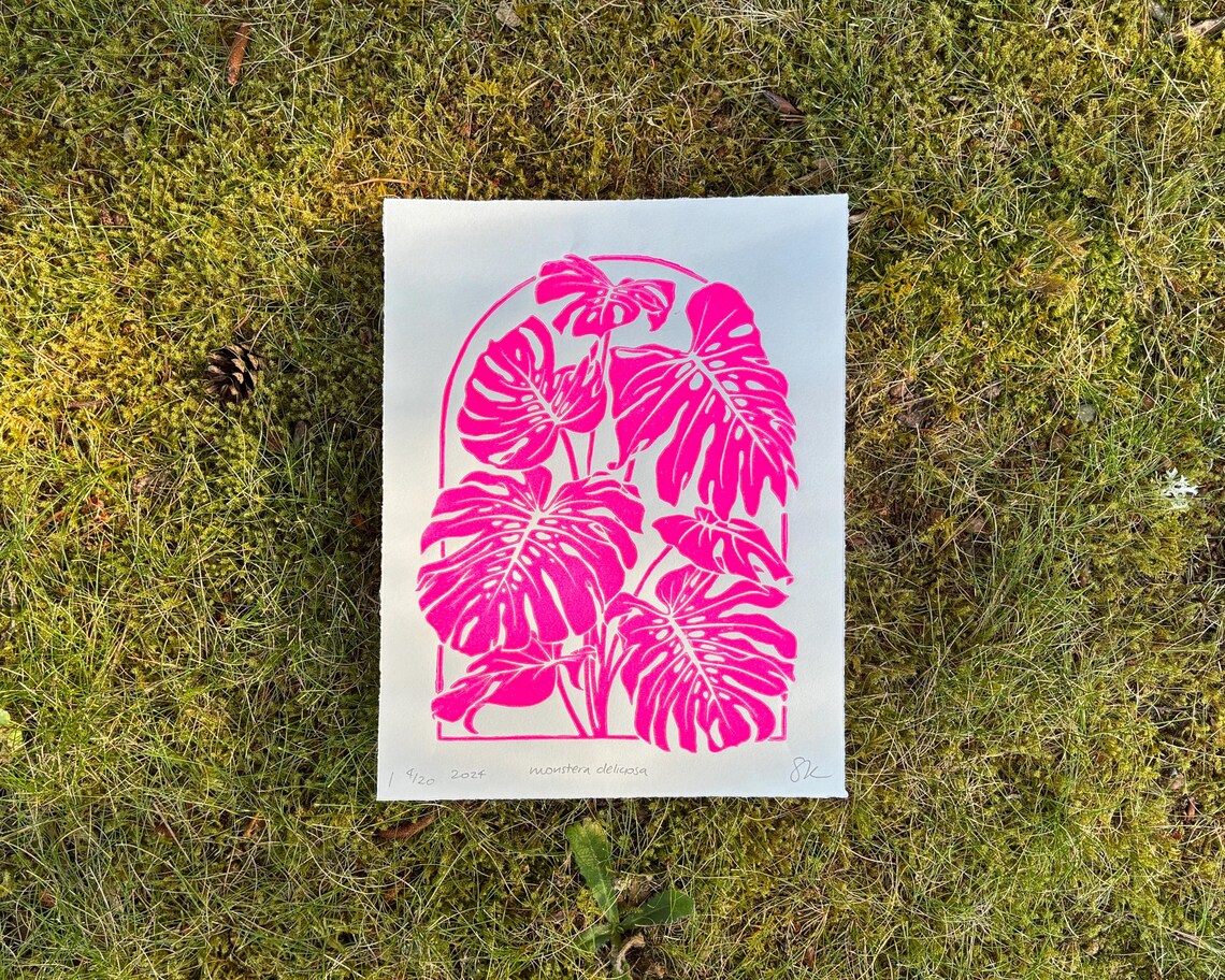 Pink Monstera Deliciosa Linocut Print Thyme & Space Design - Etsy